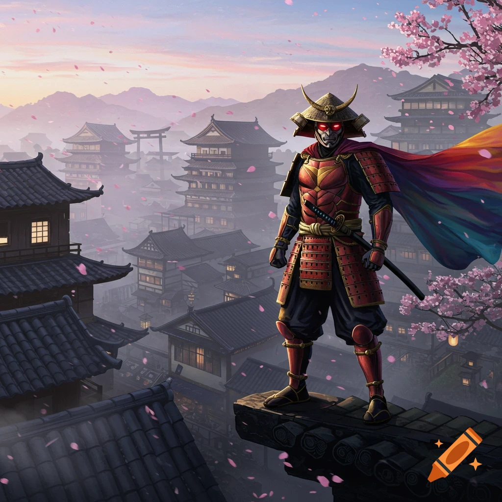A samurai in red armor with a katana stands in a misty field under ...