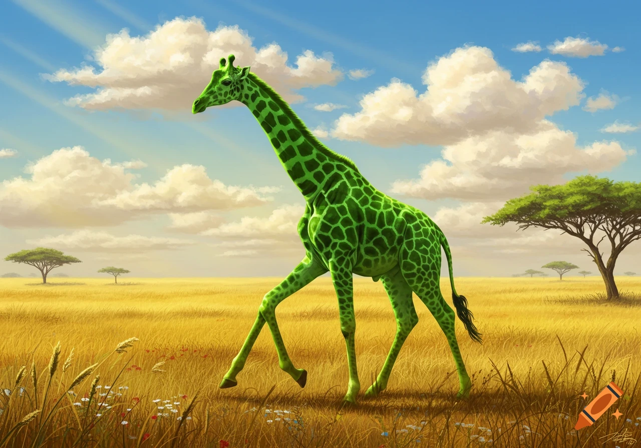 A vibrant green giraffe with darker spots walks across a golden savanna ...