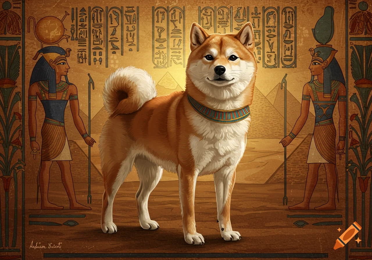 A Shiba Inu stands centered in an ancient Egyptian mural, flanked by ...