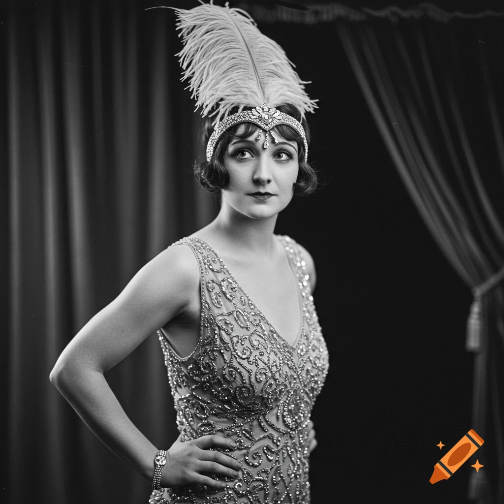 Black and white portrait of a woman in 1920s flapper attire and a ...