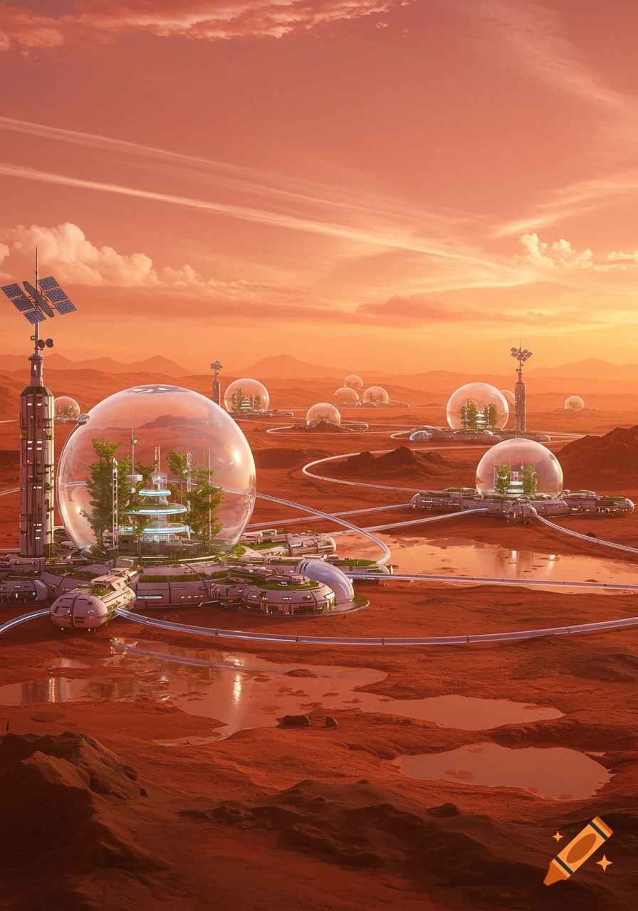 Futuristic Martian colony with transparent bubble domes and greenery, connected by pathways on a ...