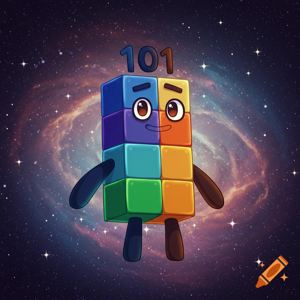 A colorful block character, Numberblock 101, floats against a starry ...