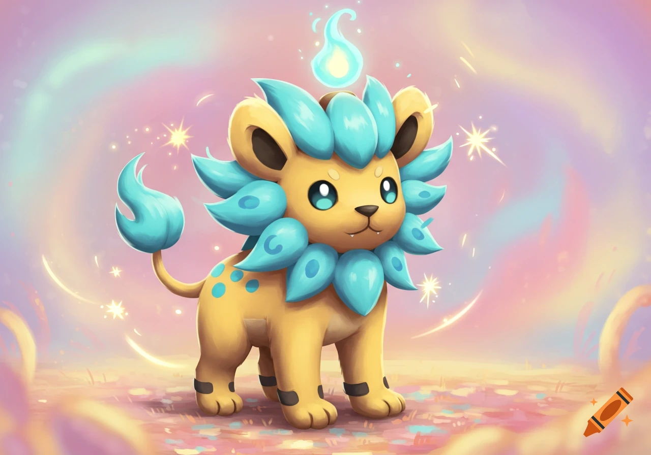 A cute, stylized golden lion cub Pokémon with a blue mane, blue spots ...