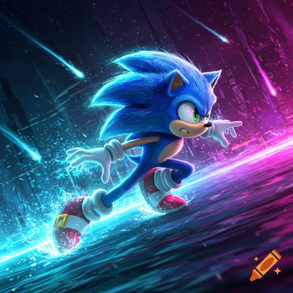 Sonic the Hedgehog races through a vibrant, neon-lit futuristic city ...