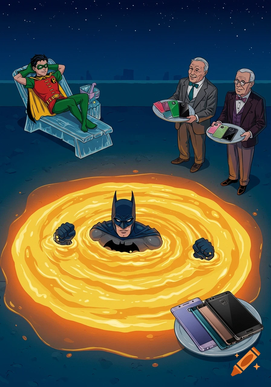 Batman swims in a pool of nacho cheese while Robin relaxes on an ice ...