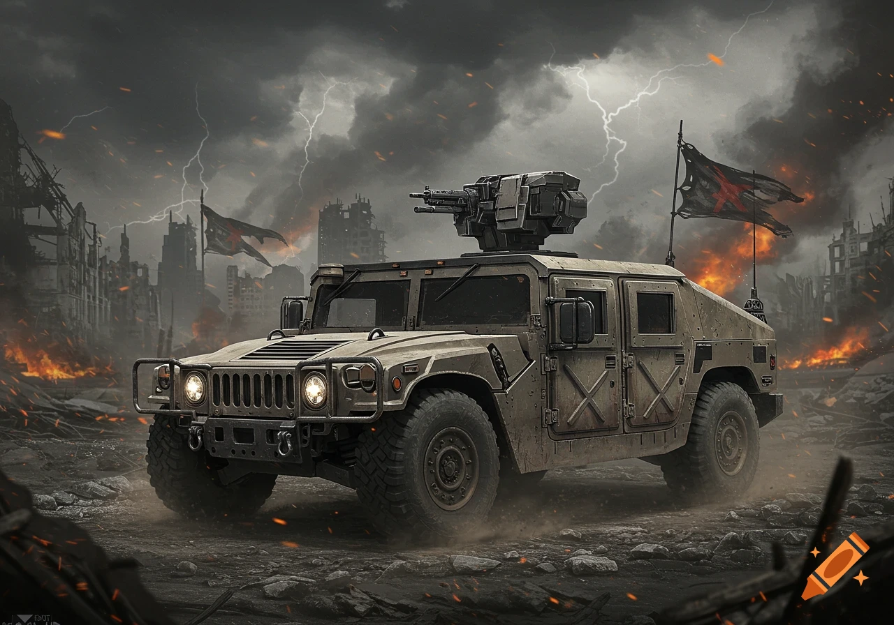 A heavily armed Humvee with a mounted gun drives through a destroyed ...