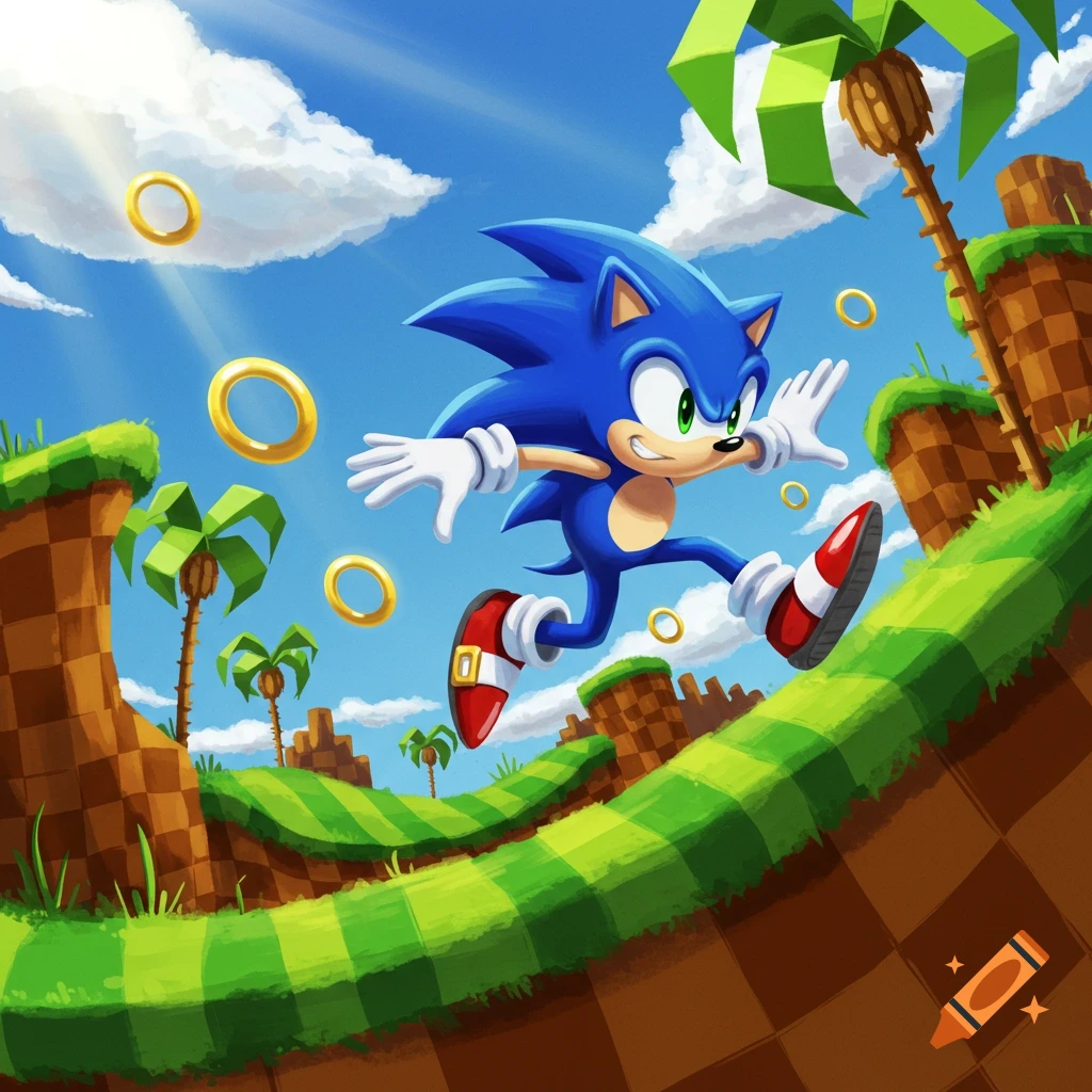 Sonic the Hedgehog runs through a vibrant Green Hill Zone, featuring ...