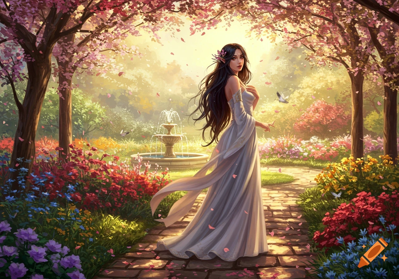 A beautiful woman in a silver dress stands under a glowing floral ...