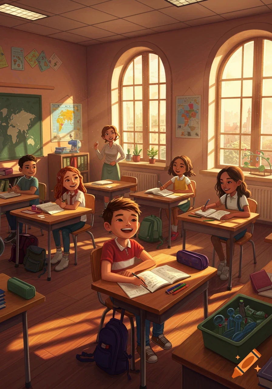 Illustration of diverse school children smiling in front of a school ...