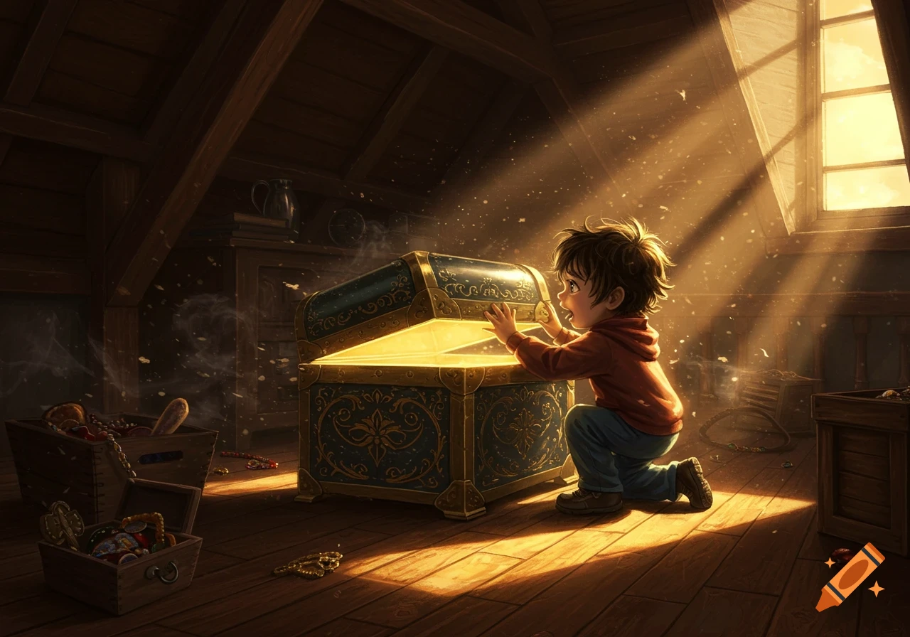 A small boy in a dusty attic excitedly opens a glowing, ornate treasure ...