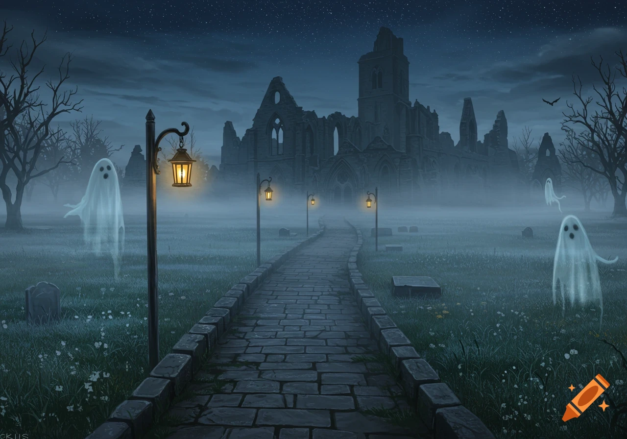 A creepy zombie hand reaches out from a foggy cobblestone street in a ...