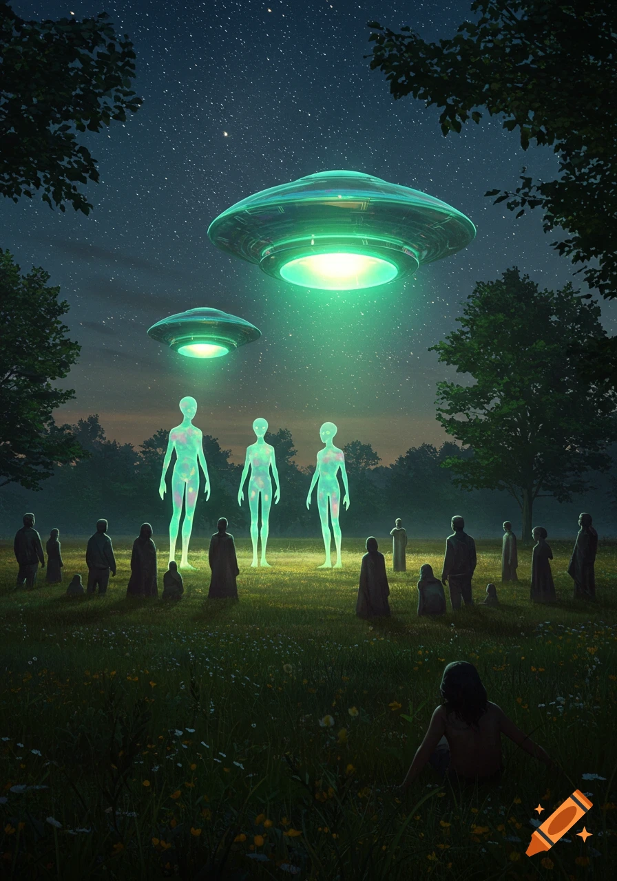 Glowing UFOs hover over a field at night, beaming light onto three ...