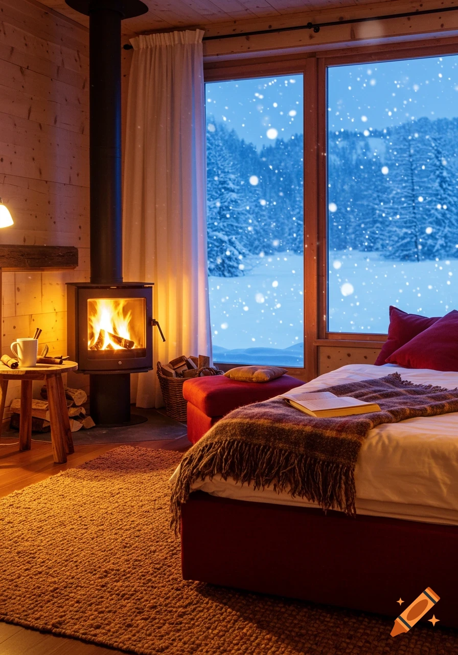 Cozy bedroom with a lit fireplace, a bed with a blanket, and a large ...