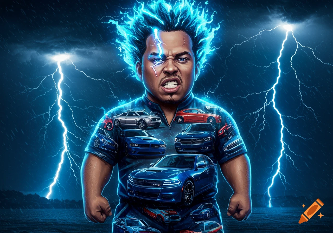 A short, angry man with blue lightning hair and a scar, wearing a blue ...