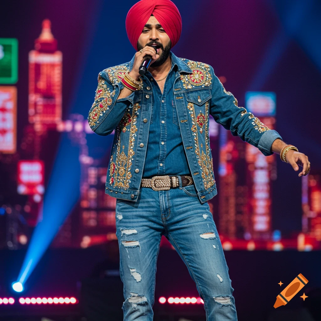 A male singer in a red turban and an embellished denim jacket sings ...