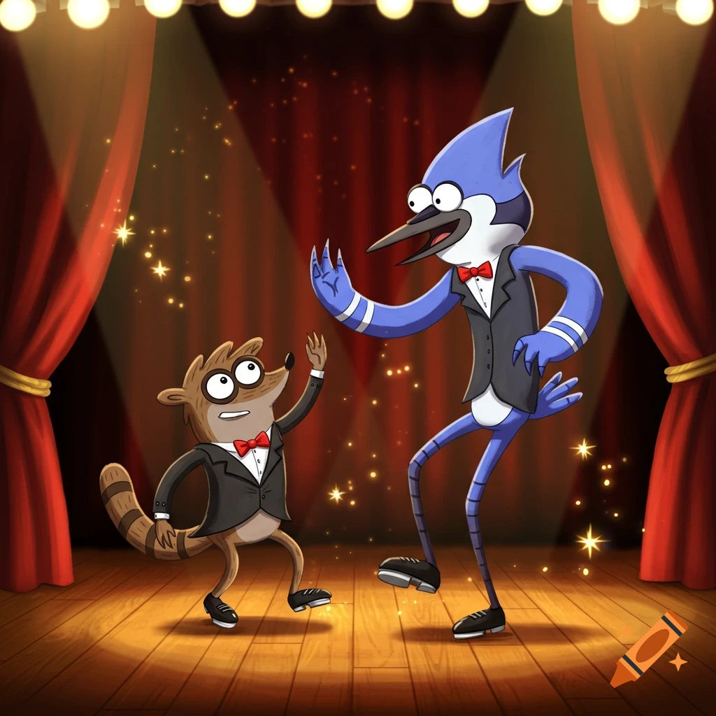 Rigby and Mordecai from Regular Show tap dancing in tuxedos and tap shoes on a brightly lit ...