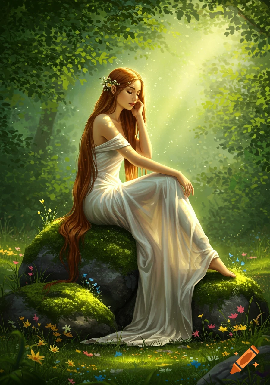 A fantasy dryad woman with long red hair and a tree bark body kneels in ...