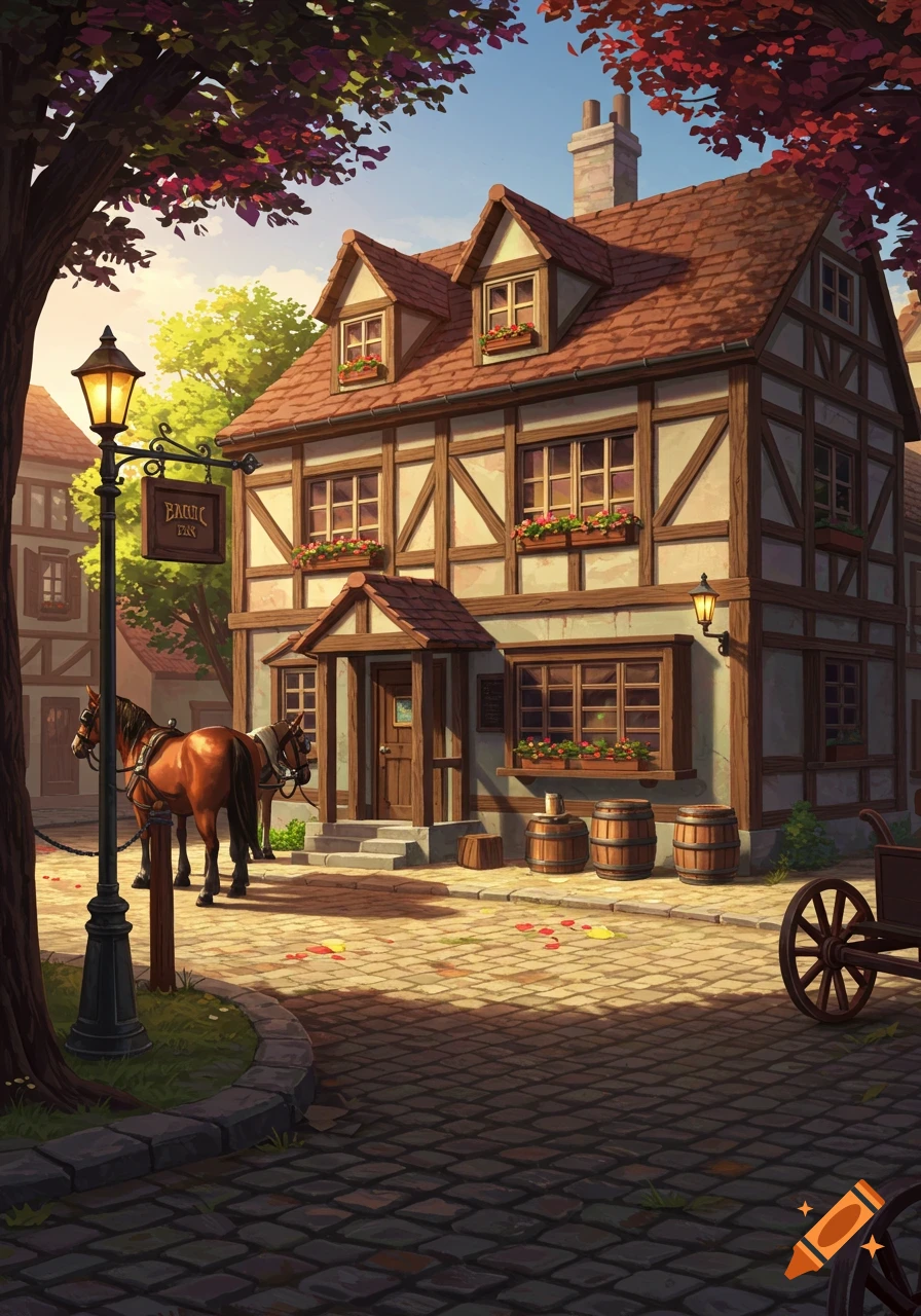Illustrative scene of a half-timbered tavern with horses hitched ...
