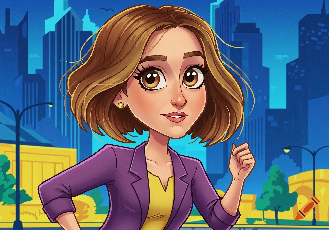 A detailed cartoon of a woman with brown bob hair, wearing a purple ...