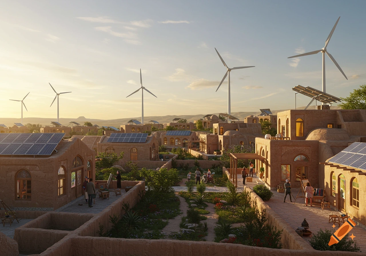 A sunlit eco-village with adobe-style homes, rooftop solar panels ...