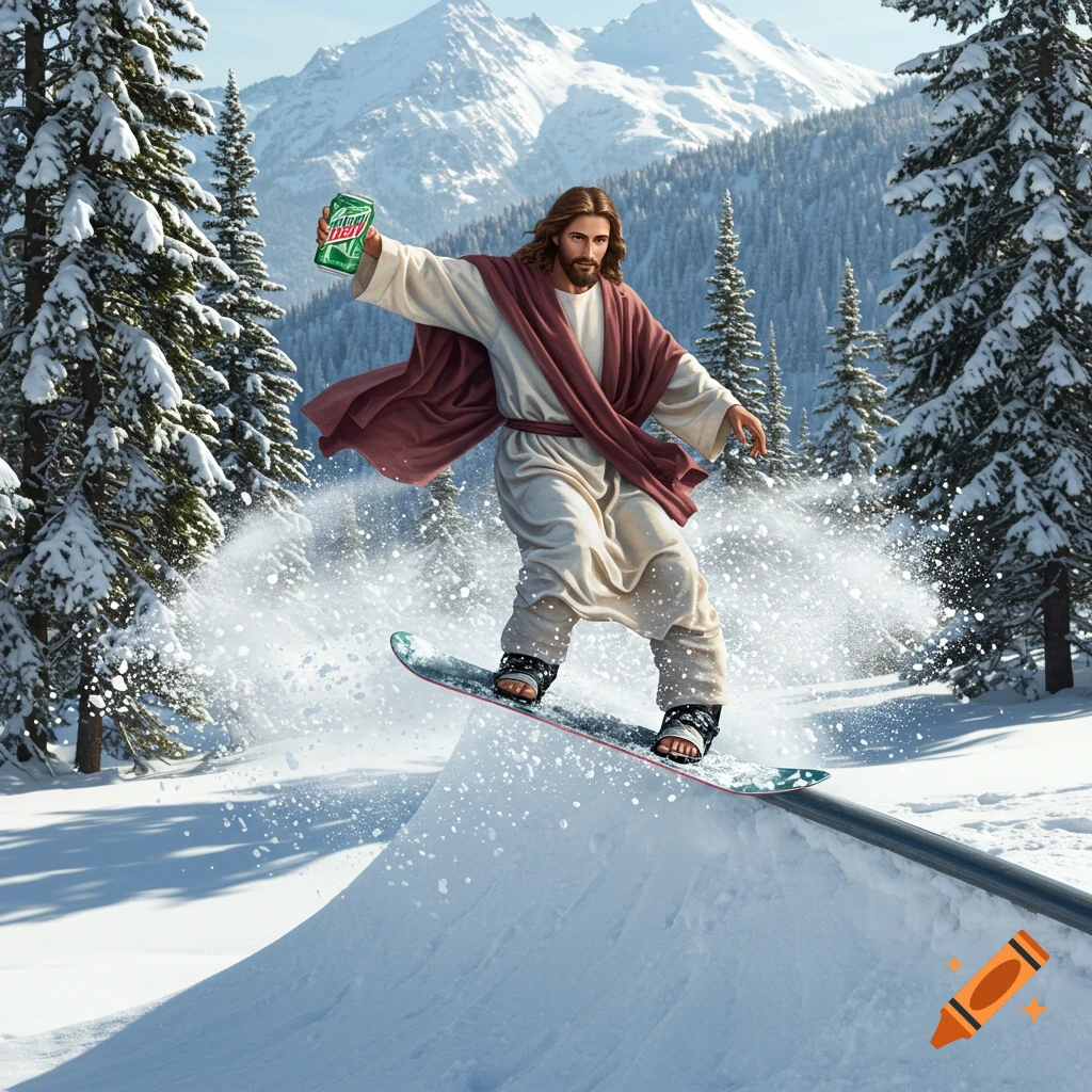 Photorealistic depiction of Jesus Christ snowboarding down a snowy ramp ...