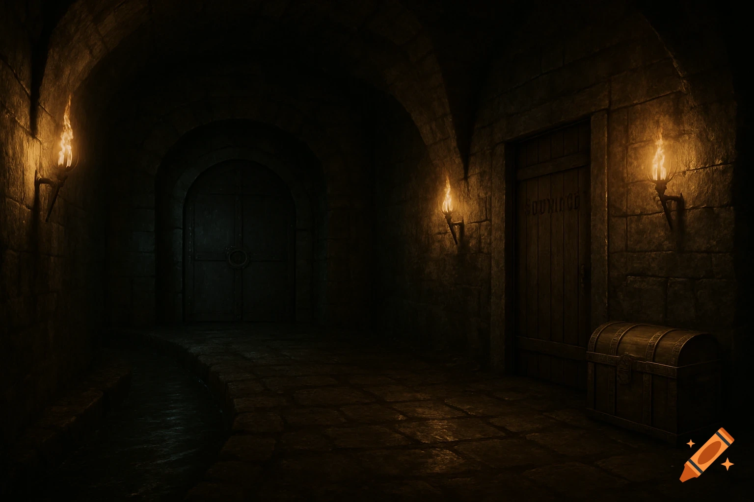 A dark, torch-lit stone dungeon passage with two doors, a small river ...