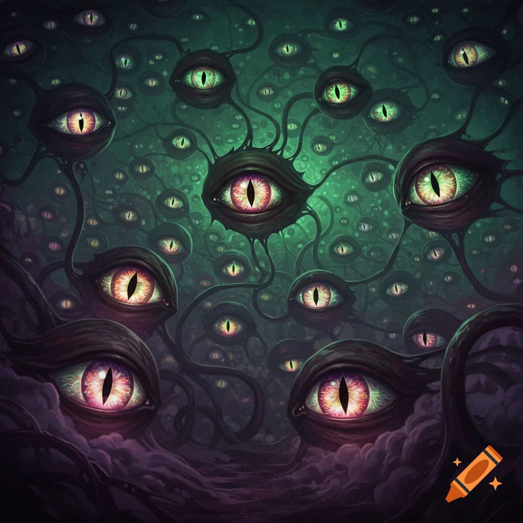 Numerous glowing, monstrous eyes with tendrils in a dark fantasy horror ...