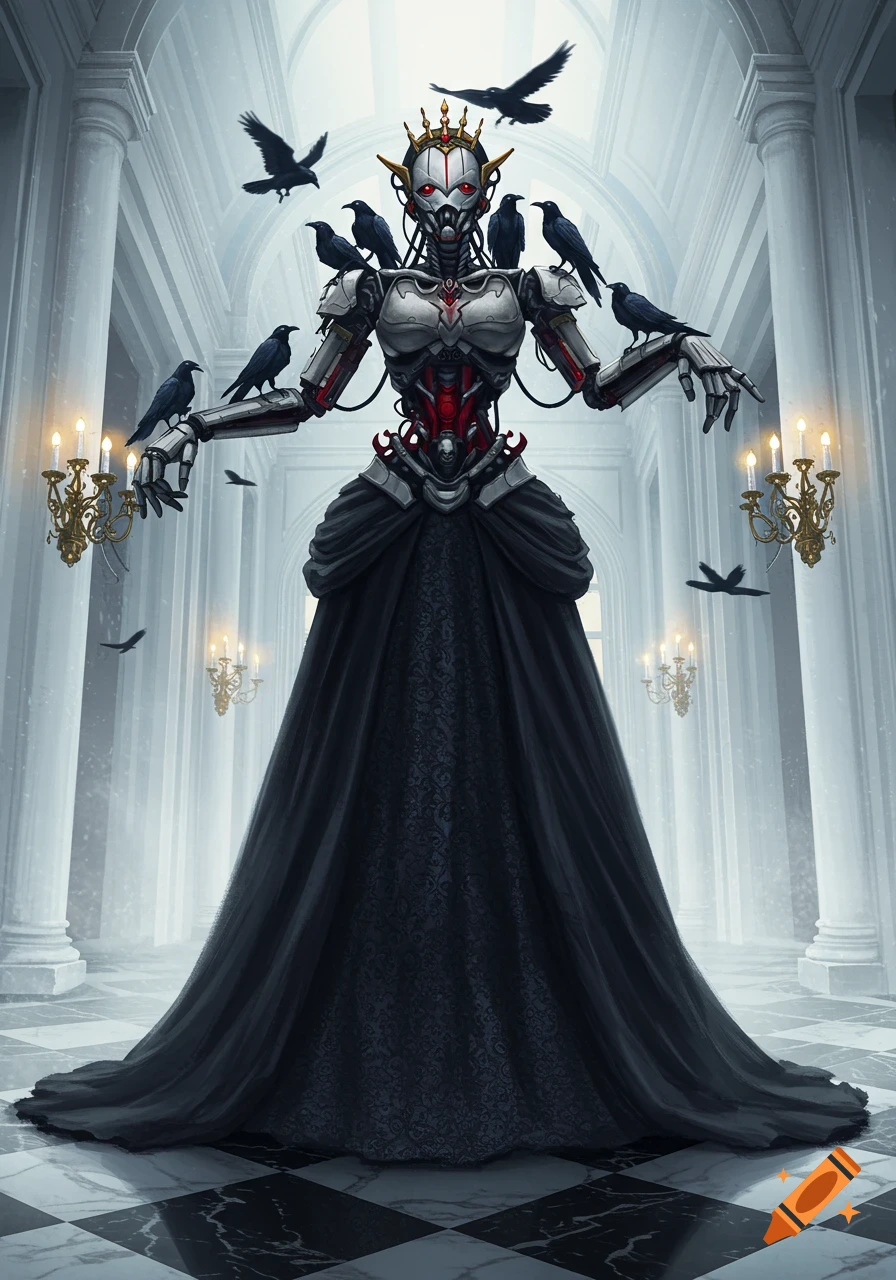 A graceful female character in a detailed gray and black fantasy jester ...