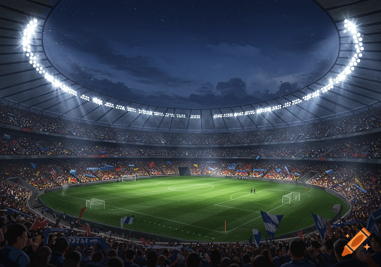 An aerial view of a packed football stadium at night under bright ...