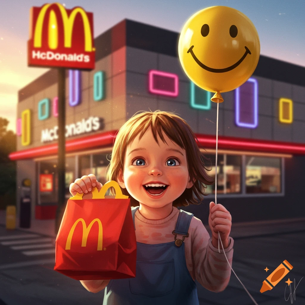 A happy cartoon-style child holding a red McDonald's bag and a yellow ...