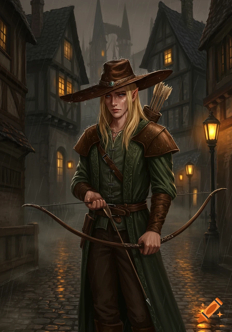 A sad blonde elven man with a bow and a large brimmed hat stands in a ...
