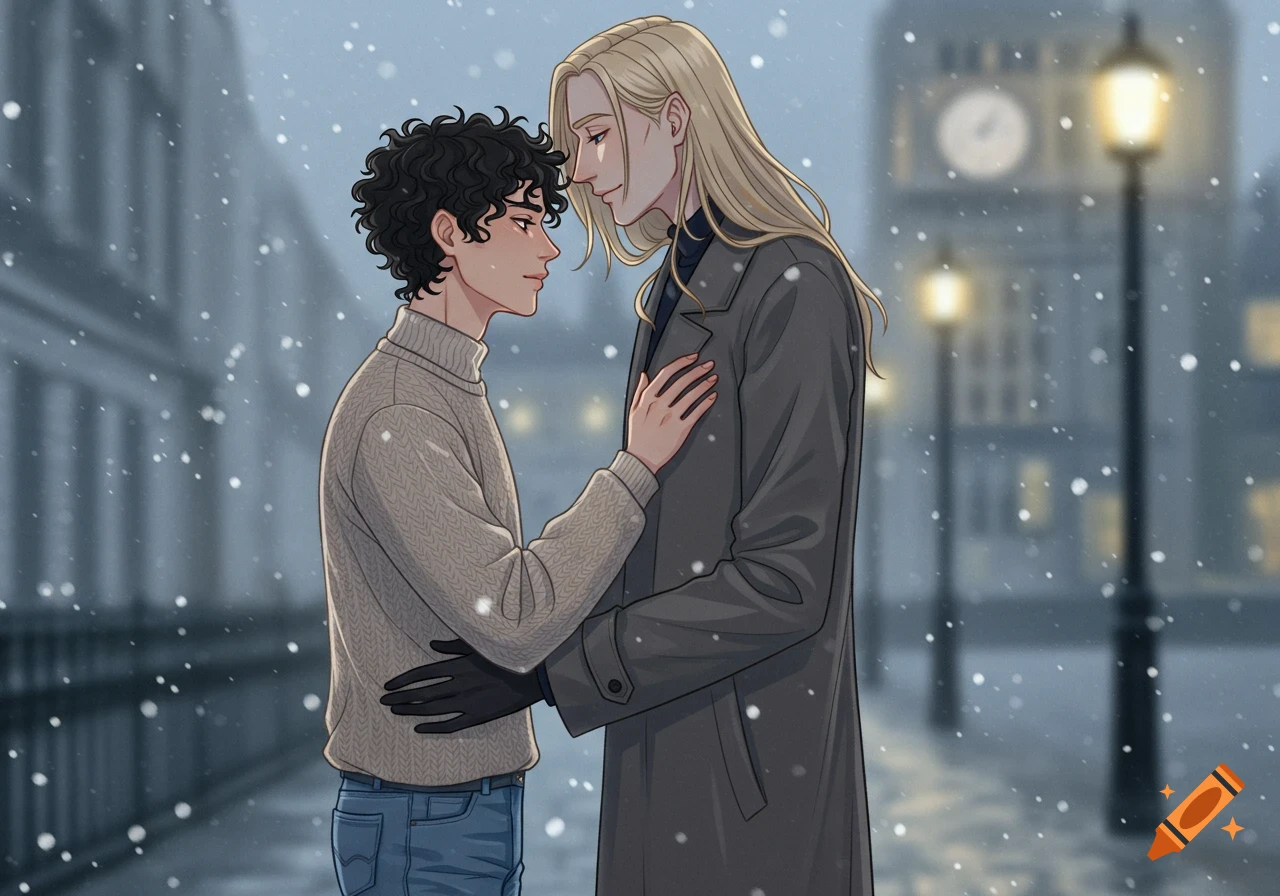 Two men kissing and holding hands under a starry night sky, with a city ...