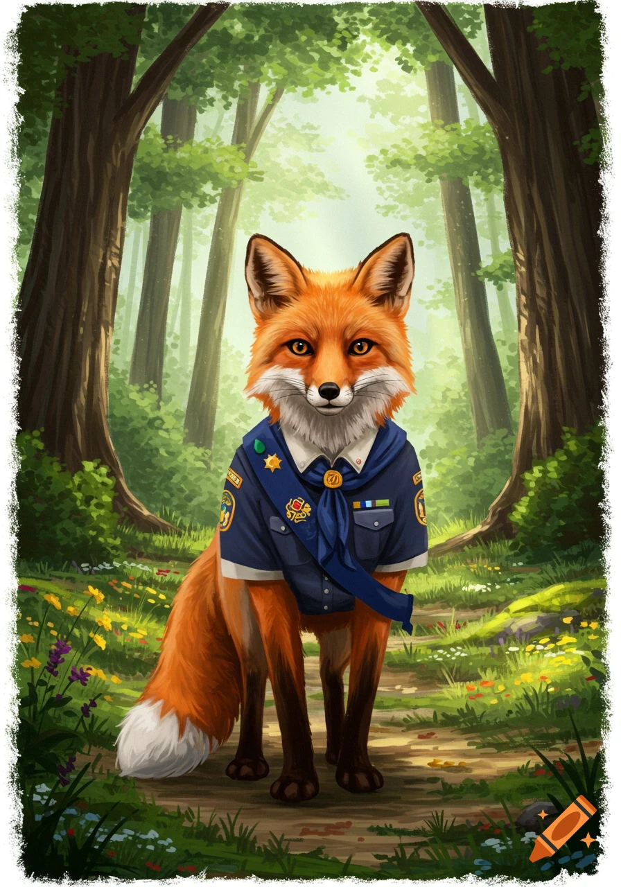 A cute red fox wearing a blue Girlguiding Leader's uniform stands on a ...