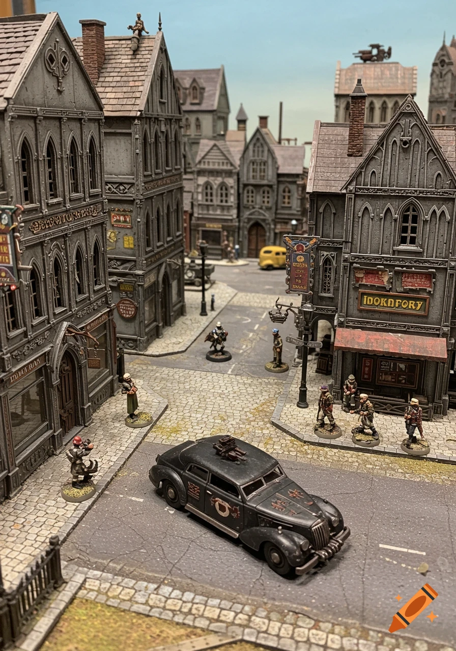 An overhead shot of a detailed miniature model city street with Gothic ...