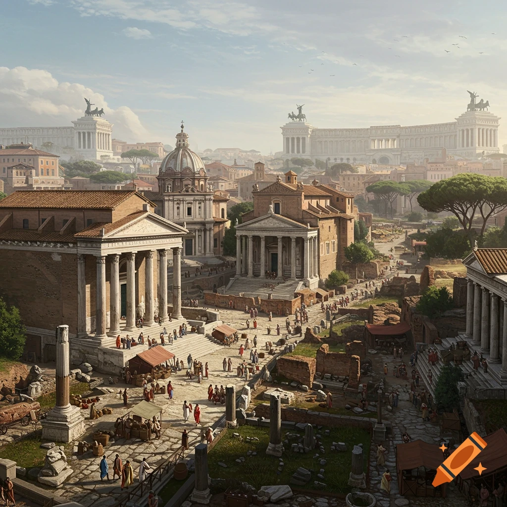 A bustling ancient Roman city street under a cloudy sky, filled with a ...