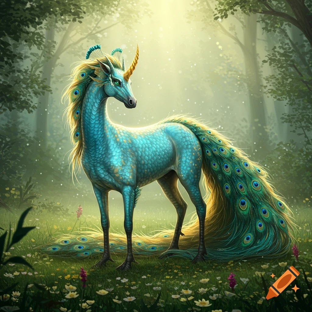 A majestic blue-scaled mythical creature with a golden horn, flowing ...