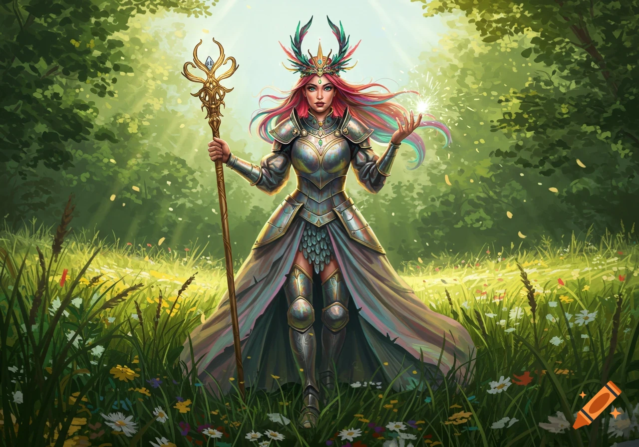 A vibrant fantasy princess in iridescent armor and a feathered crown ...