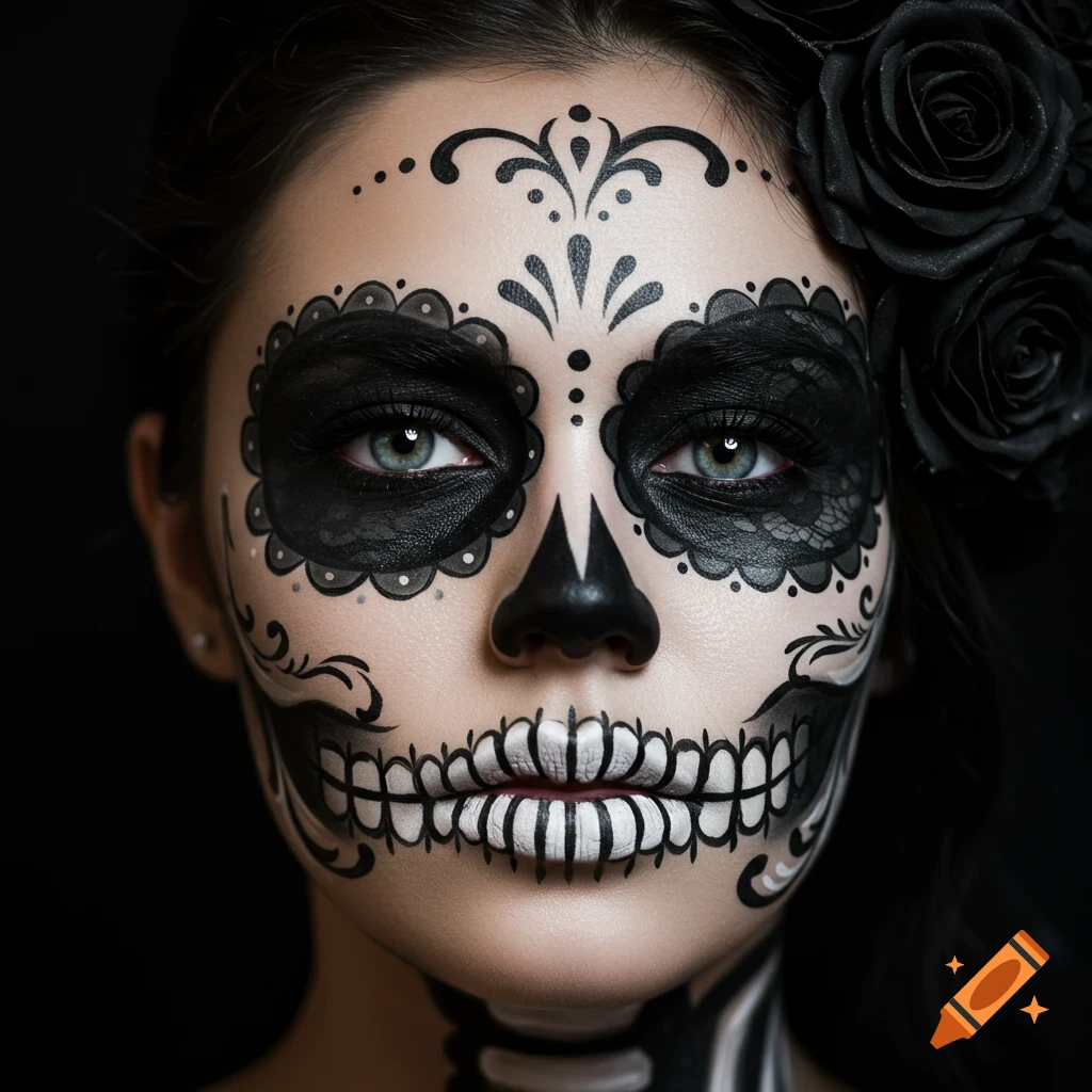 Close-up portrait of a woman with elaborate black and white Catrina ...
