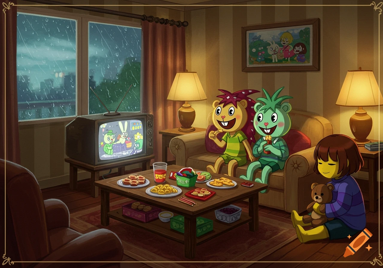Cartoon characters Flaky and Shaggy from Happy Tree Friends watch TV ...