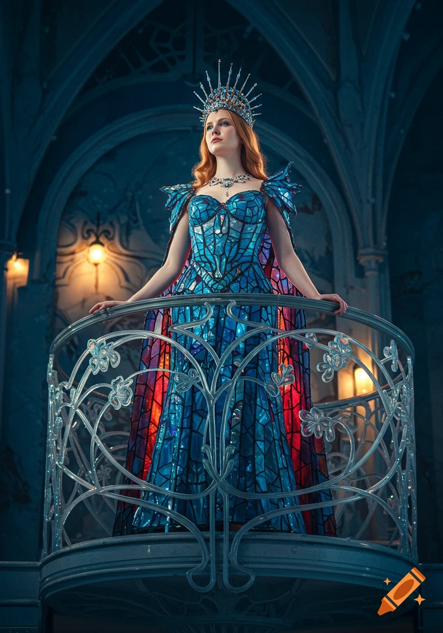 A regal queen with red hair in a shimmering stained glass gown stands ...