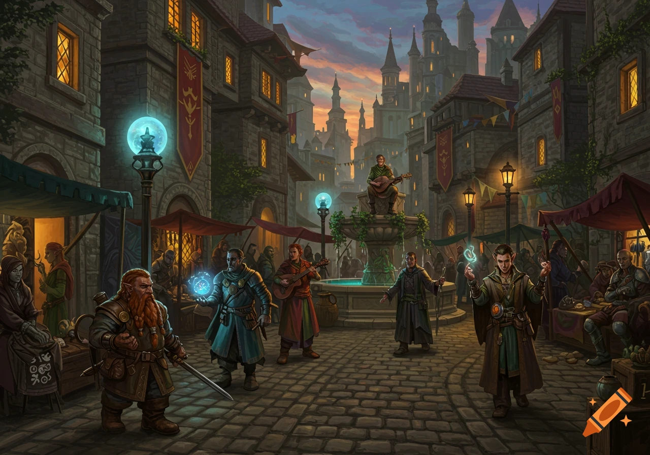 A detailed fantasy illustration of a bustling medieval city square at ...