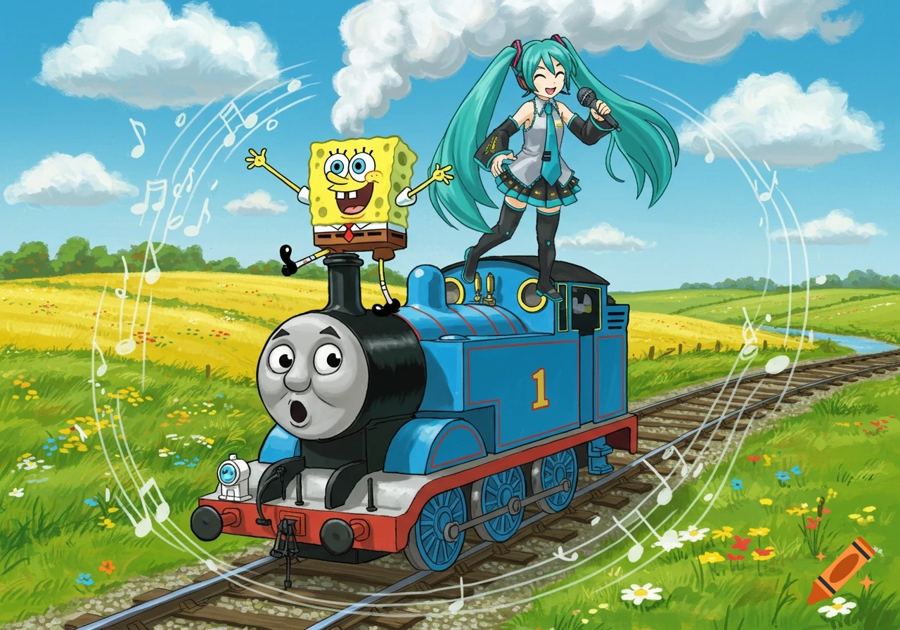 SpongeBob SquarePants and Hatsune Miku ride on Thomas the Tank Engine ...