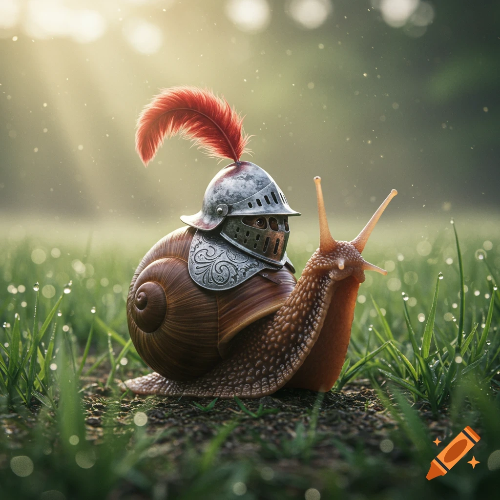 A close-up of a brown snail wearing a detailed metal knight helmet with ...