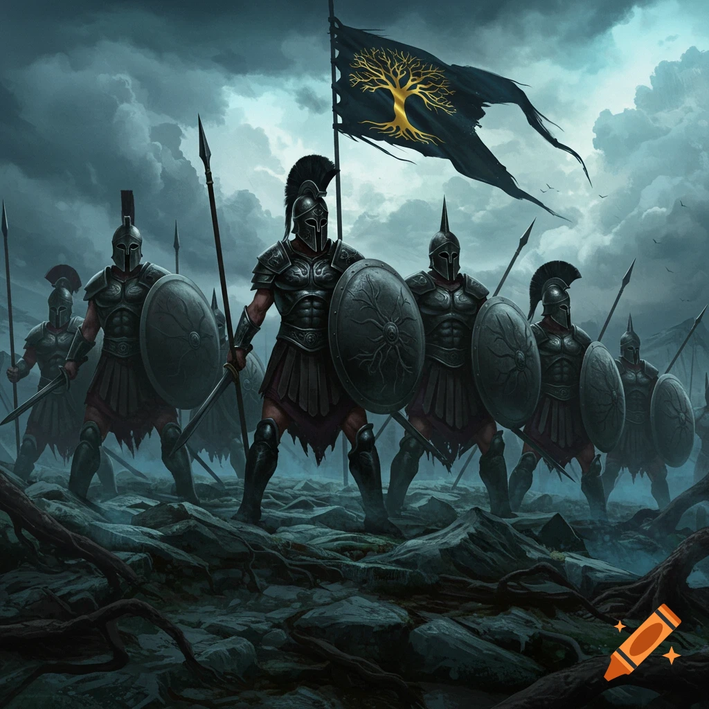 An army of warriors in golden ancient Greek armor stands in rain under ...