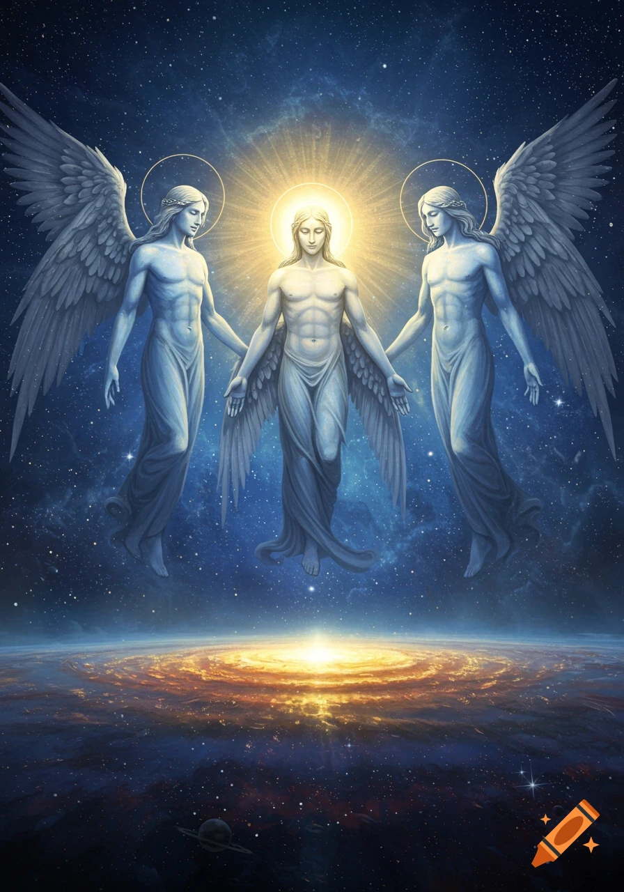 A grey alien on a cratered planet looks up at a glowing angel ...