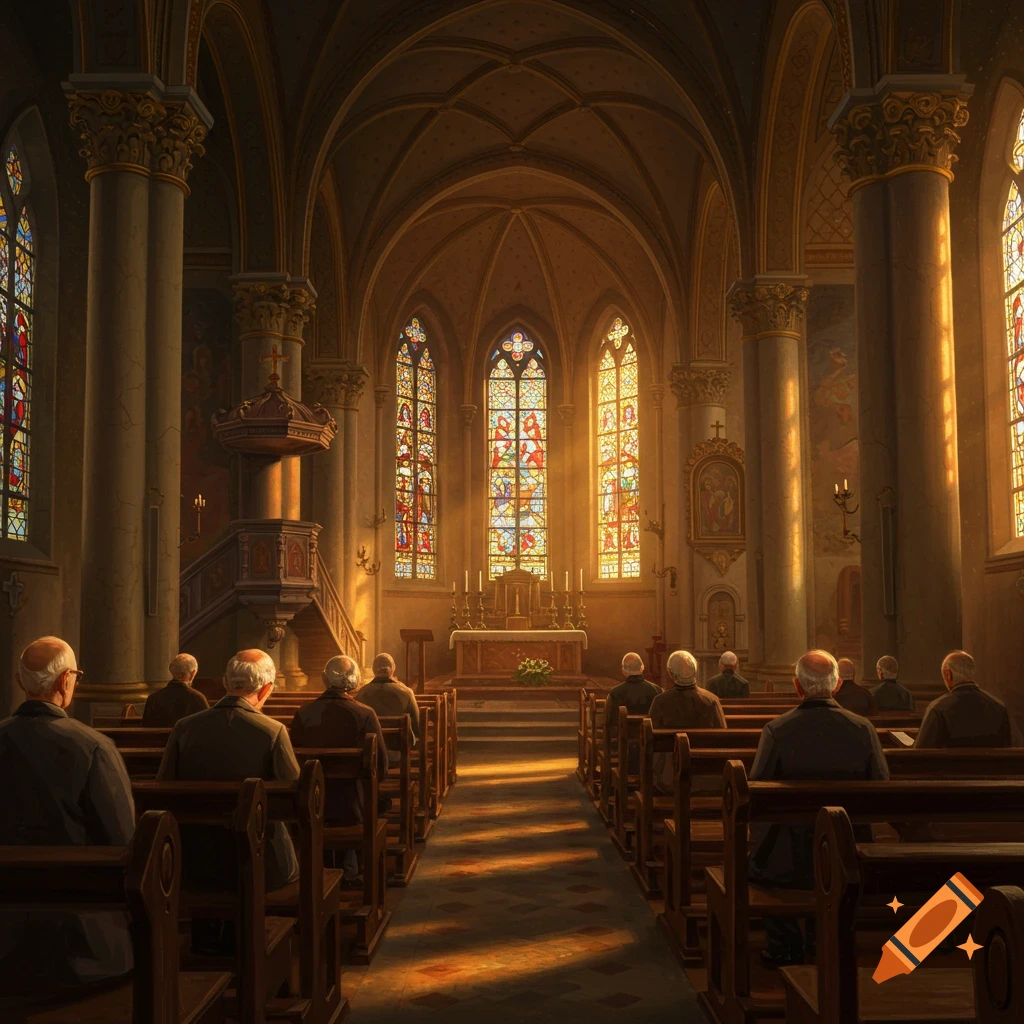 Elderly people sit in pews within a grand church, illuminated by warm ...