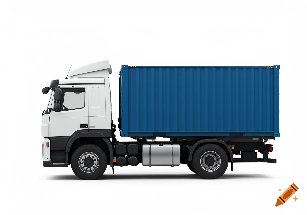 A white medium-duty truck with a blue shipping container on its rigid ...