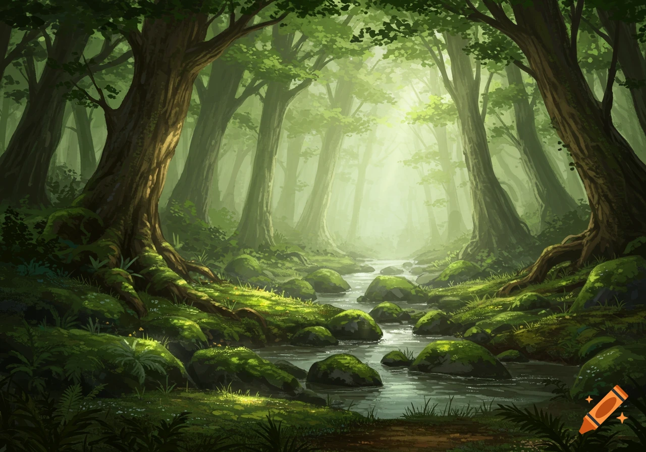 A serene, sun-dappled forest with a winding stream flowing over mossy ...