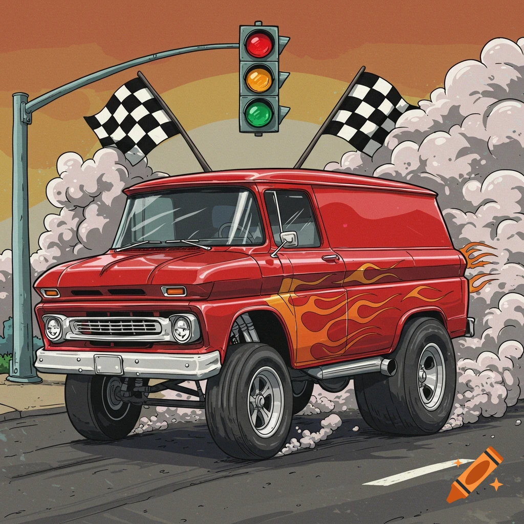 A stylized lowbrow art illustration of a red classic Chevy van with ...