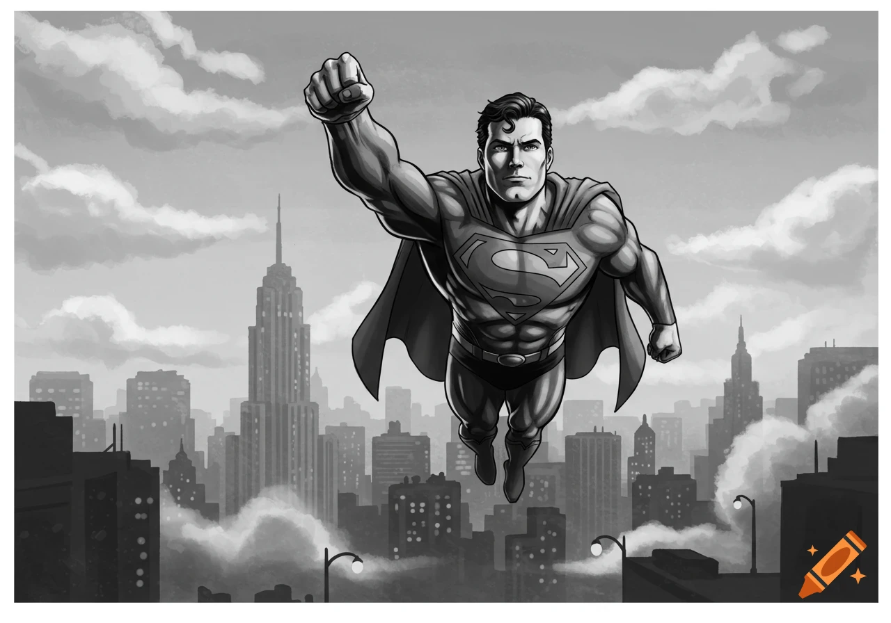 Black and white comic art of Superman flying with a raised fist over a ...